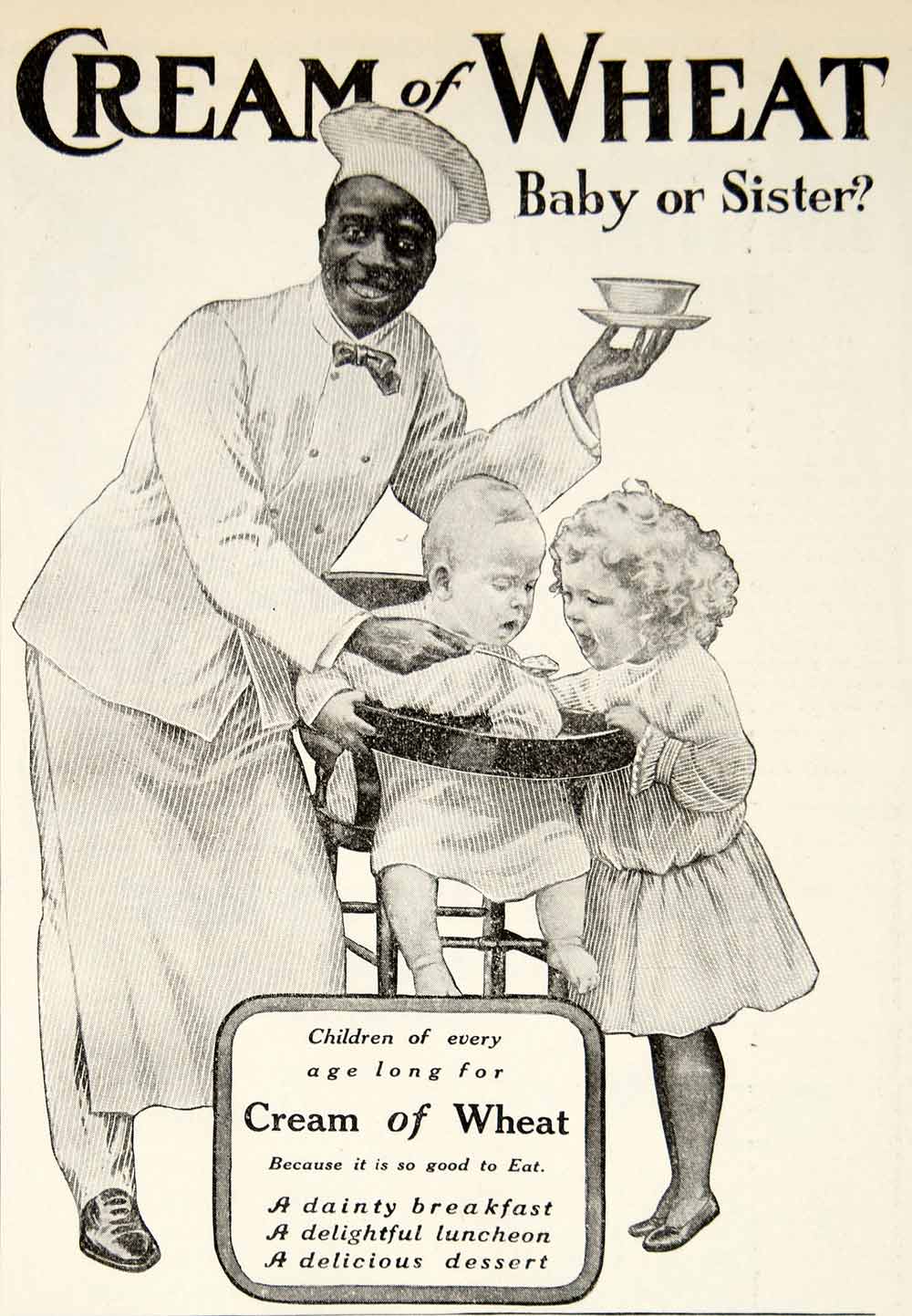 1906 Ad Cream Wheat Baby Sister Child Chef Rastus Breakfast Cereal Foo ...