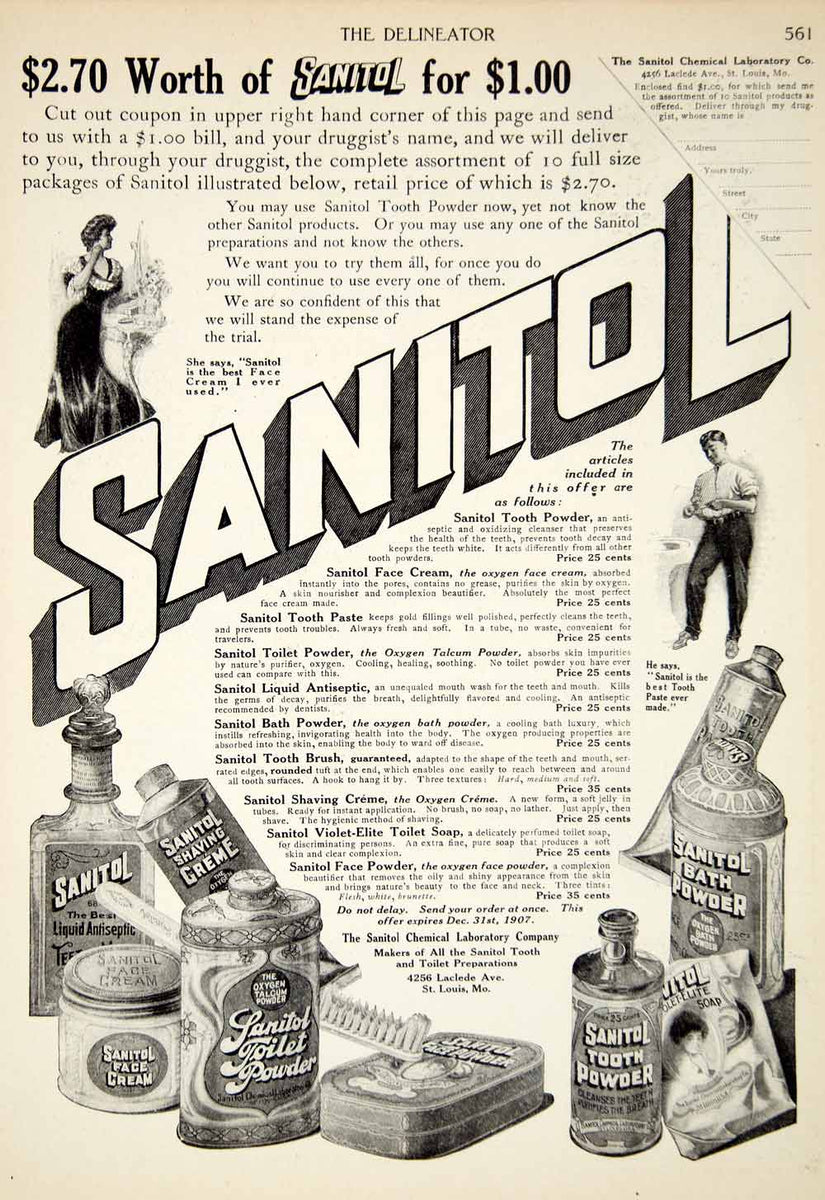 1907 Ad Sanitol Clean Chemical Health Beauty Cream Toilette Face Cosme ...