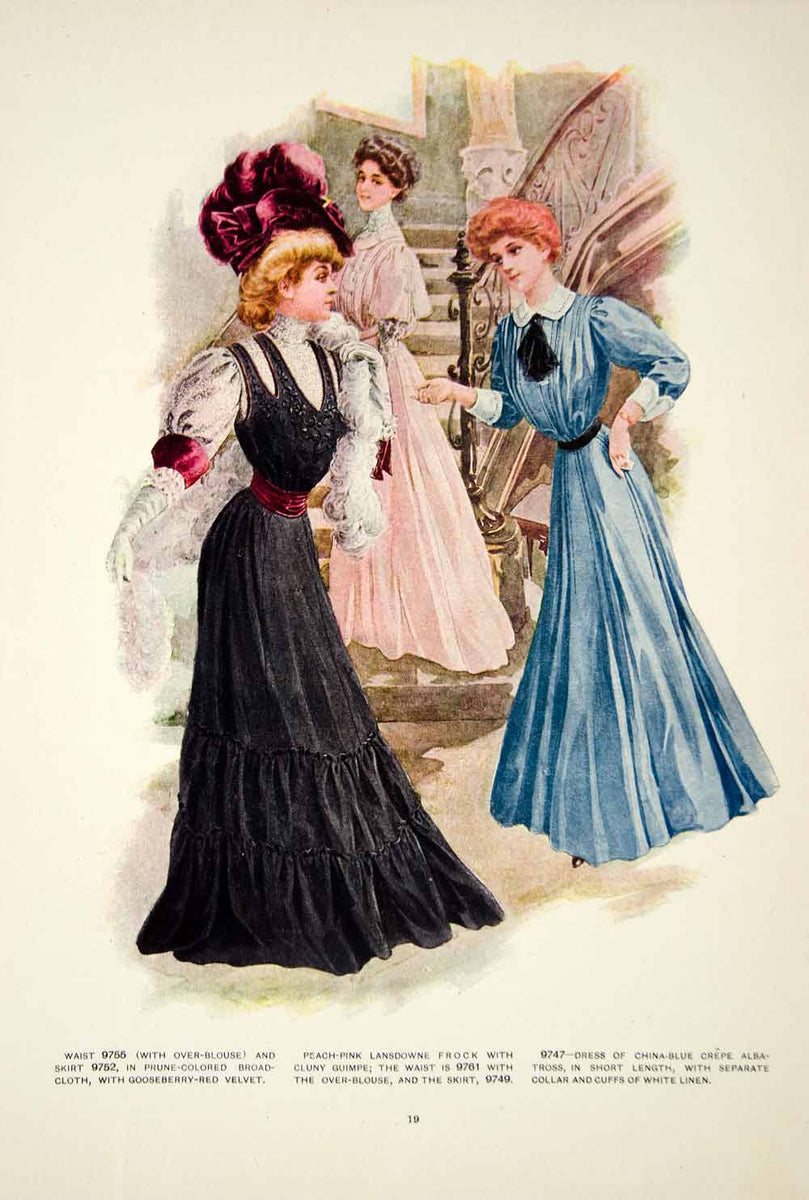 1907 Color Print Clothing Fashion Costume Clothing Edwardian Staircase ...