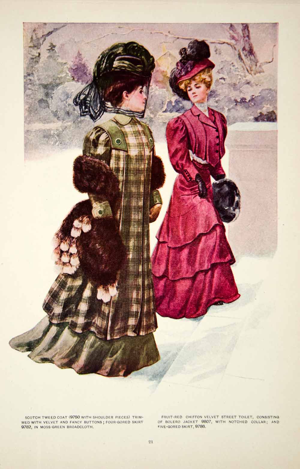 1907 Color Print Fashion Costume Clothing Dress Edwardian Women Hat Wi ...