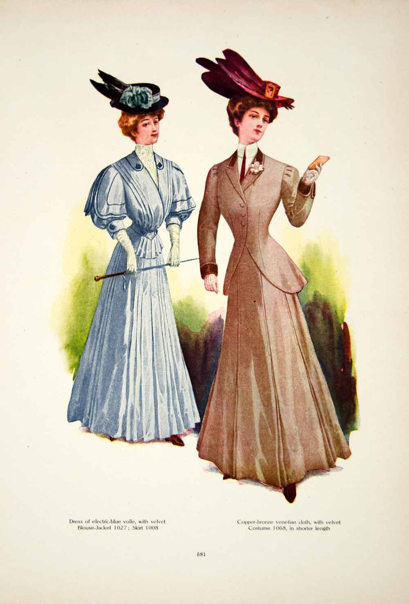 1907 Color Print Fashion Costume Clothing Edwardian Hat Model Pose Can ...
