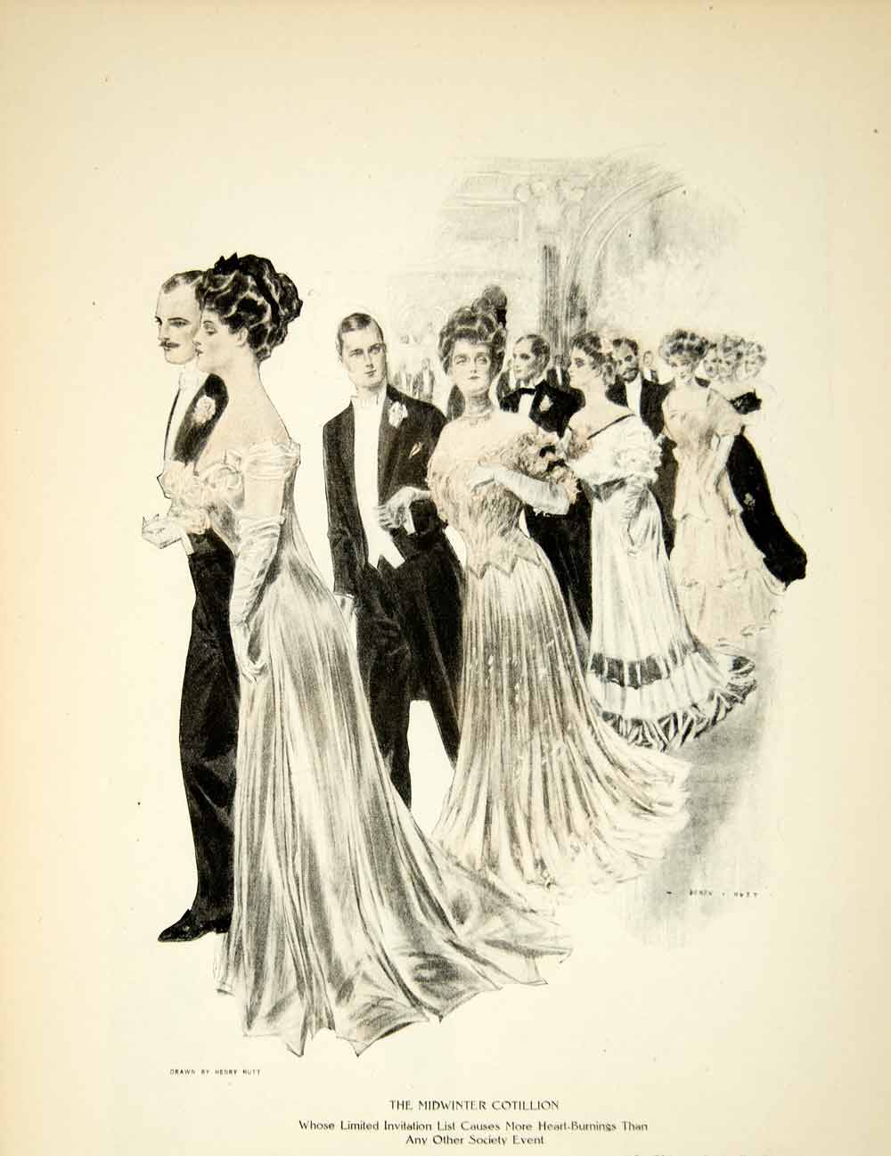 1908 Color Print Midwinter Cotillion Edwardian Women Gown Henry Hutt Y ...