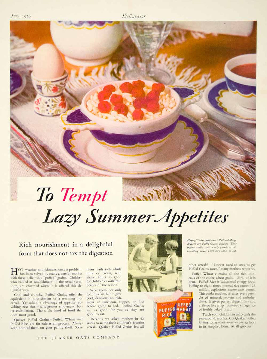 1929 Ad Quaker Oats Puffed Rice Breakfast Cereal Food Grocery Meal Gra ...