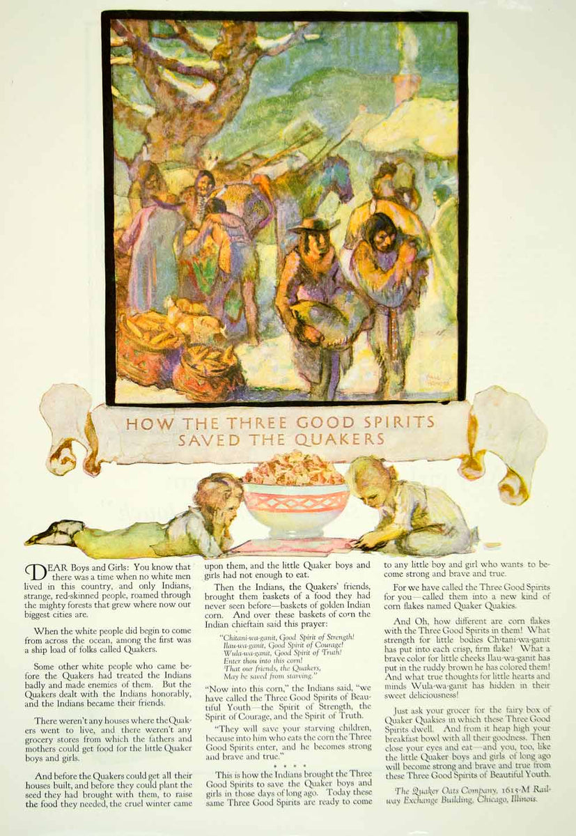 1920 Ad Native American Spirits Quakers Quakies Corn Flakes Breakfast ...