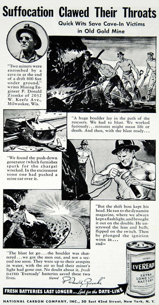 1938 Ad Eveready Extra Long Life Electric Battery 30 E 42nd St NY Gold ...