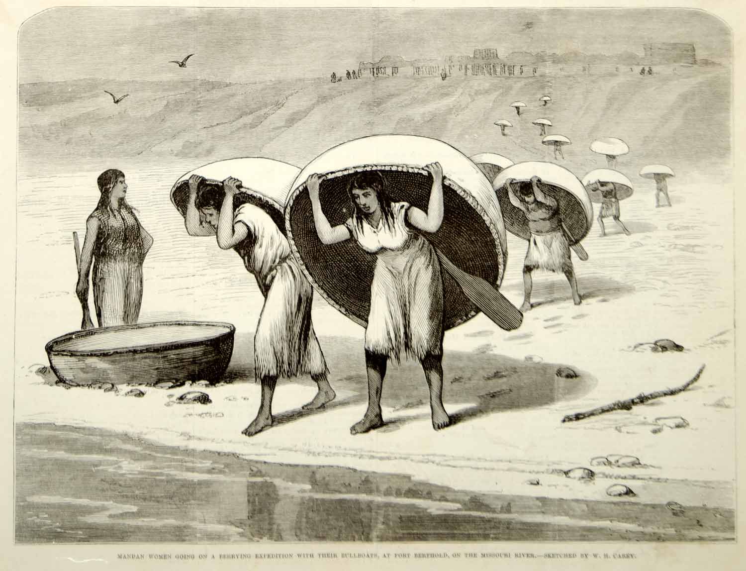 1875 Wood Engraving Mandan Women Native American Bull Boats Missouri R ...