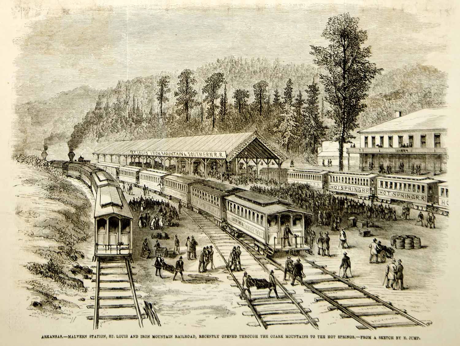 1876 Engraving Malvern AR Train Station St Louis Iron Mountain Souther ...
