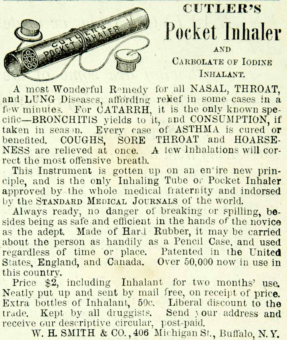 1875 Ad Antique Cutler's Pocket Inhaler Iodine Inhalant Medical Quacke ...