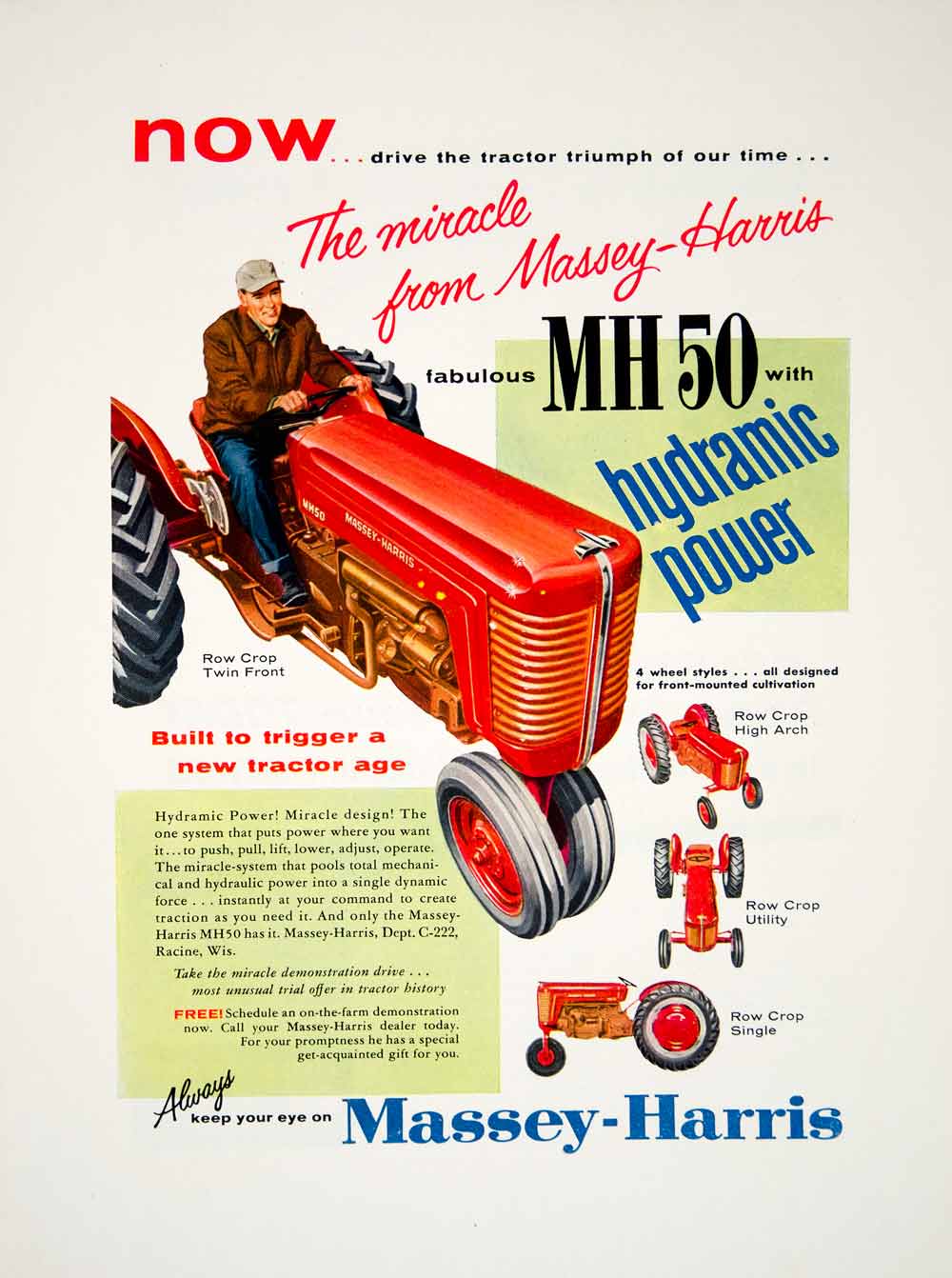 1956 Ad Massey-Harris Tractor Hydramic MH 50 Farm Row Crop Machinery Y ...