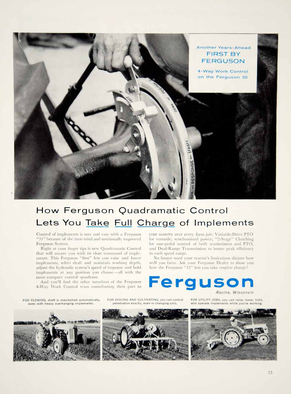 1956 Ad Ferguson Racine Quadramatic Control Tractor Farming Cultivatin ...