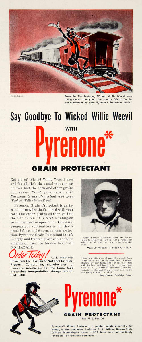 1952 Ad Pyrenone Grain Protectant Willie Weevil Al Williams Train Pest ...