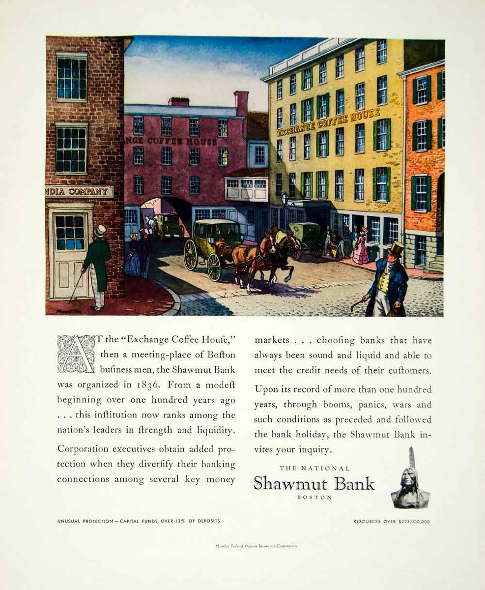 1940 Ad National Shawmut Bank Boston Cityscape Street Scene Native Ame ...