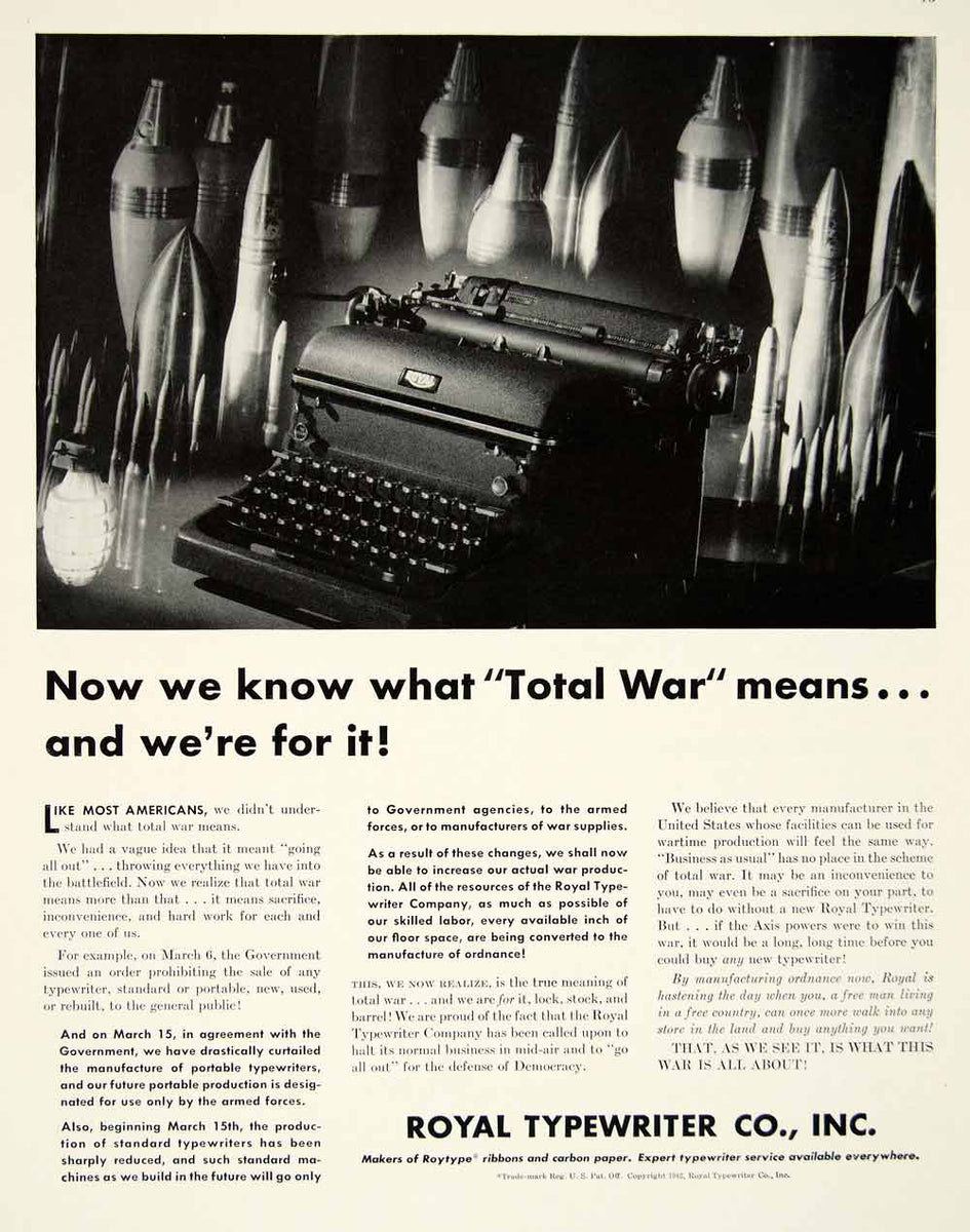1942 Ad Royal Typewriter Total World War II Weapons Roytype Bombs Gren ...