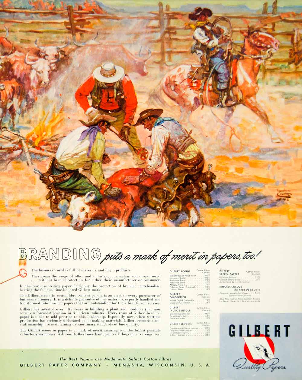 1942 Ad Gilbert Paper Menasha Wisconsin Branding Rodeo Horse Cattle Be ...
