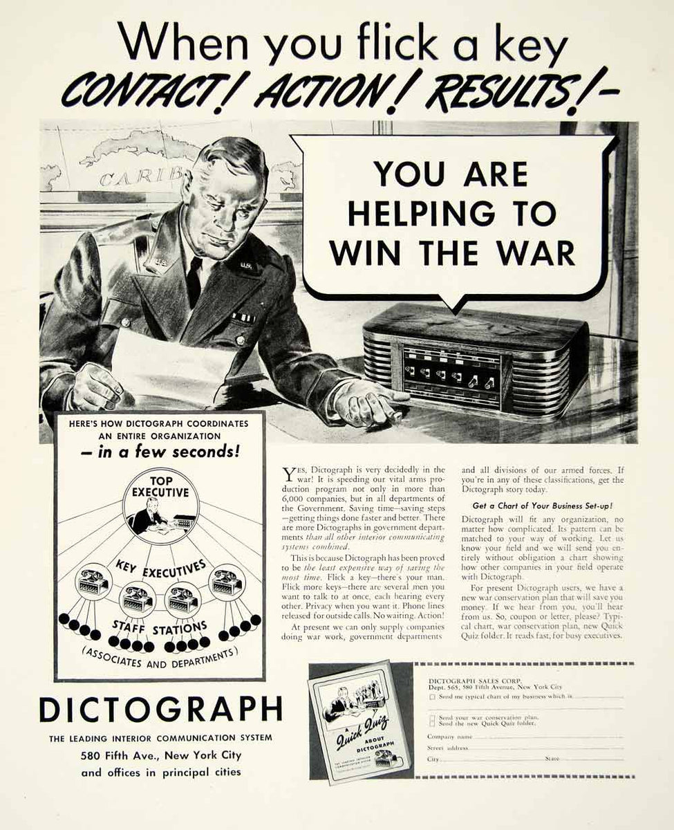 1942 Ad Dictograph Communication System World War II Military Uniform ...