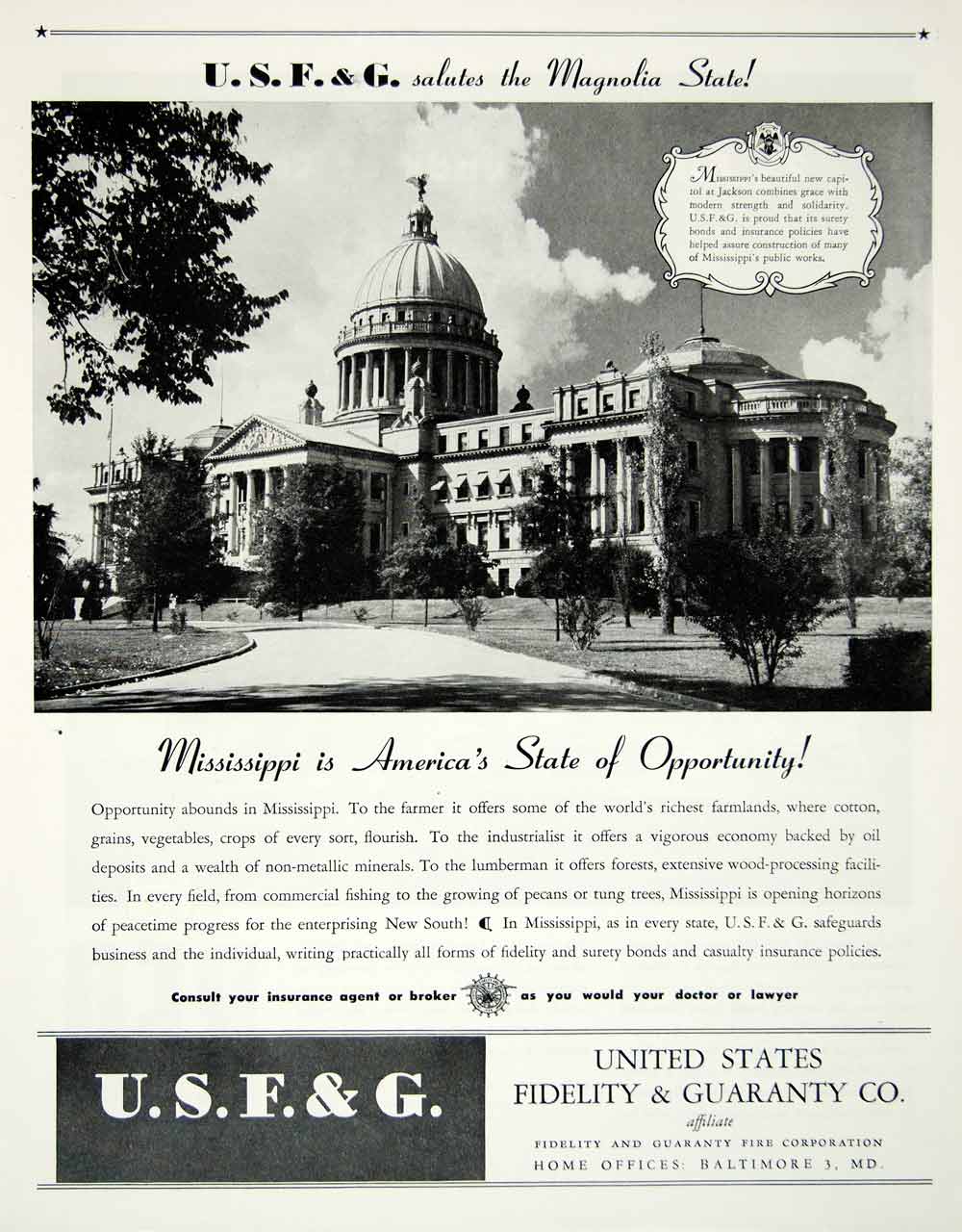 1945 Ad United States Fidelity Guaranty Mississippi Capitol Building Y ...