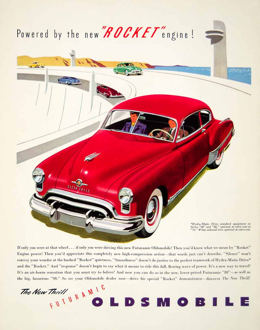 1949 Ad Oldsmobile Rocket Engine Futuramic Hydra-Matic Drive Red Highw ...