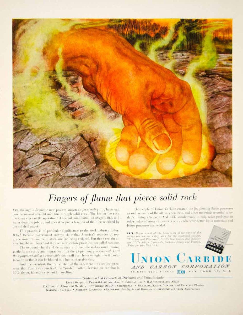 1950 Ad Union Carbide 30 E 42nd St New York Jet Piercing Mining Iron O ...