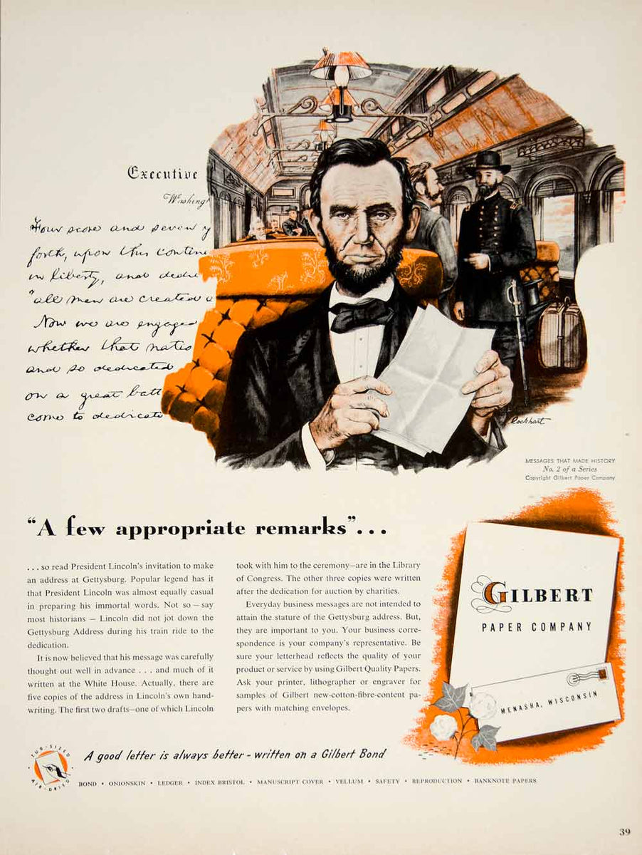 1951 Ad Gilbert Bond Paper James Lockhart Art Abraham Lincoln US Presi ...