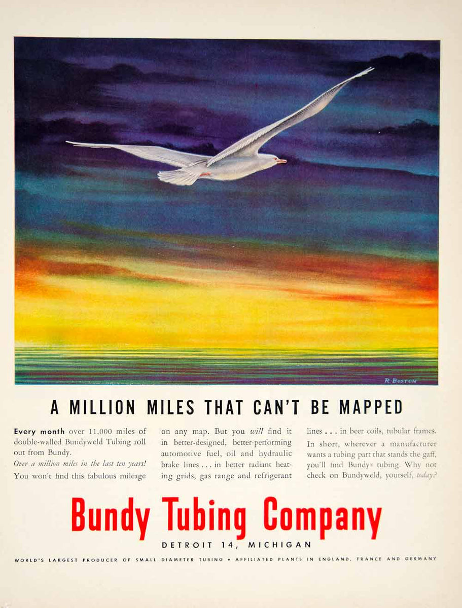 1951 Ad Bundyweld Tubing R Boston Art Seagull Bird Animal Wildlife Oce ...
