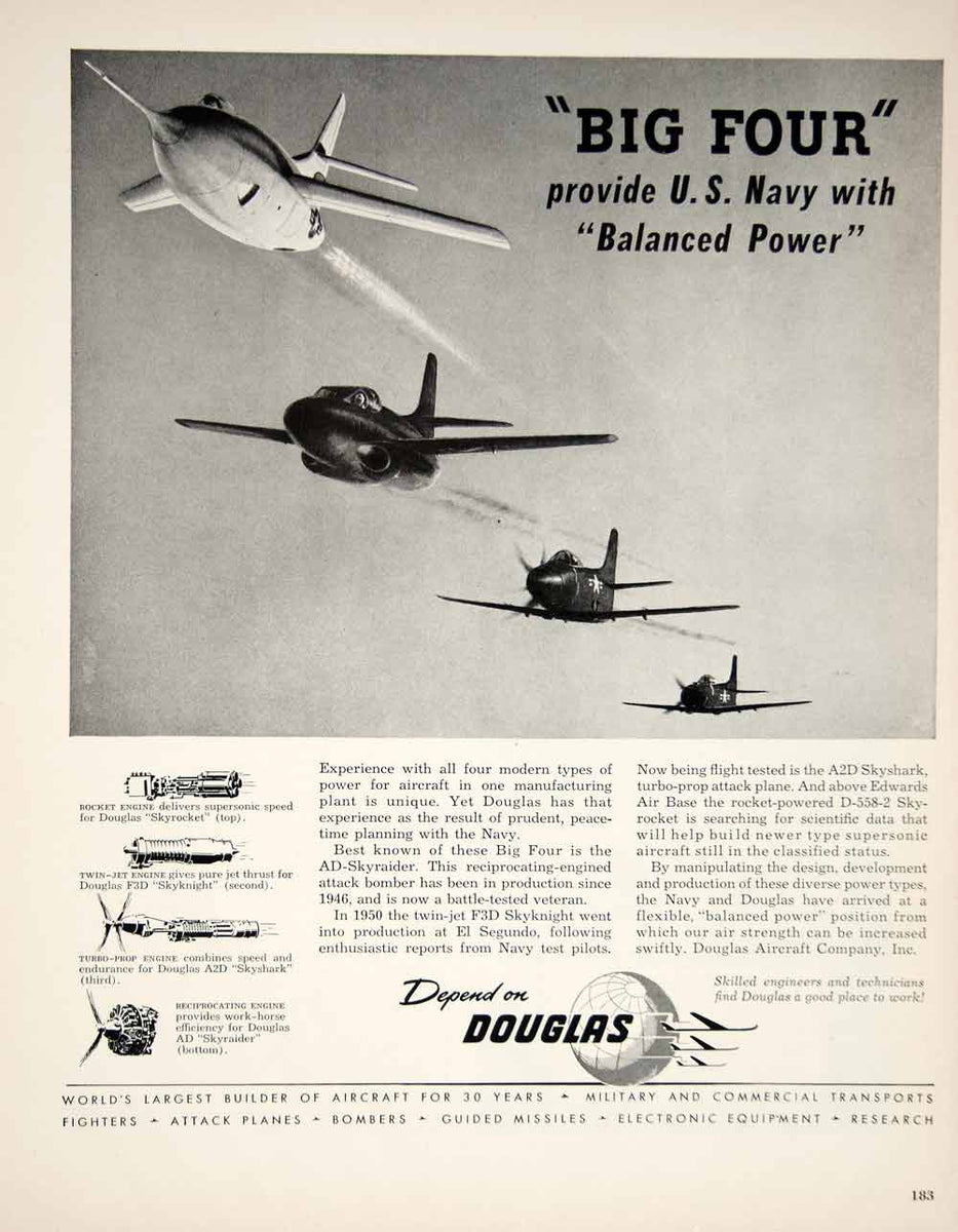 1951 Ad Douglas Aircraft A-1 Skyraider F3D Skyknight A2D Skyshark Airp ...