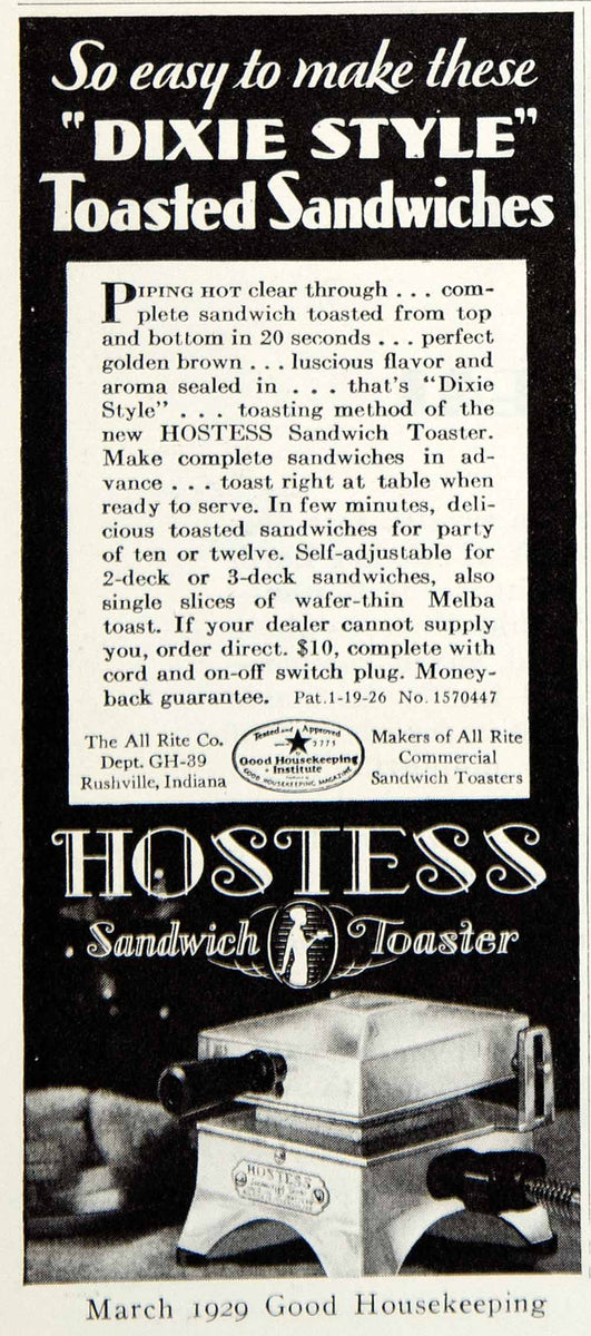 1929 Ad Hostess Dixie Style Sandwich Toaster Kitchen Appliance Cooking ...