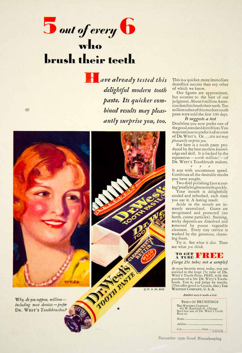 1929 Ad Dr. West Toothpaste Toothbrush Hayden Dental Hygiene Western T ...
