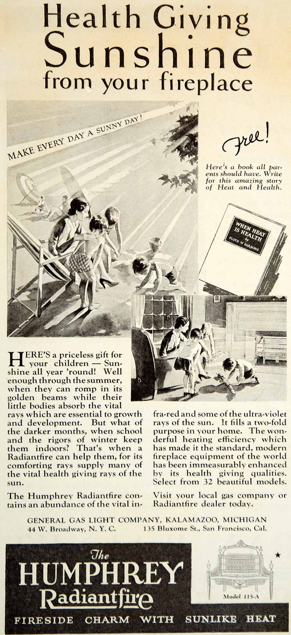 1929 Ad Humphrey Radiantfire Fireplace General Gas Light Fireside Heat ...