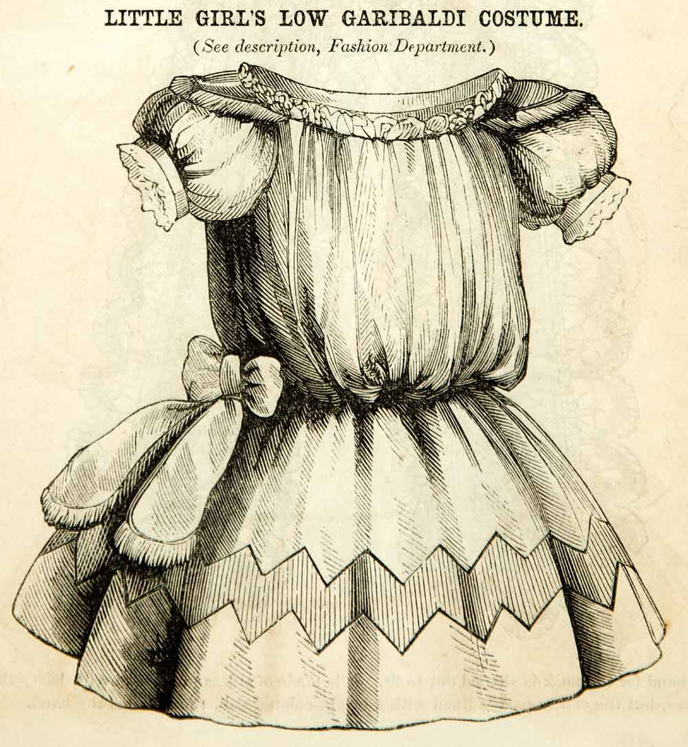 1862 Wood Engraving Victorian Child Dress Garibaldi Costume Fashion Ci ...