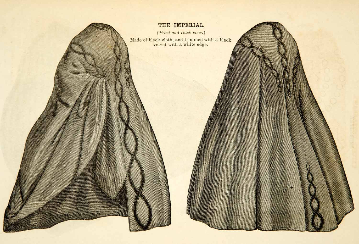 1862 Wood Engraving Victorian Lady Cloak Fashion Dress Godey's Style C ...
