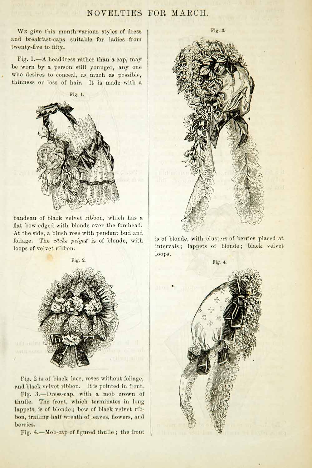 1862 Wood Engraving Victorian Lady Head Covering Breakfast Mob Cap Civ ...