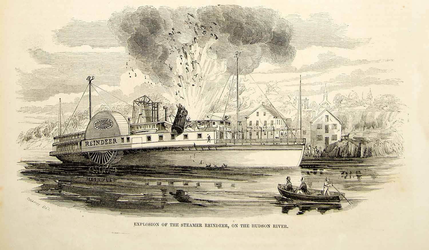 1852 Wood Engraving Art Explosion Steamboat Reindeer Hudson River Naut ...
