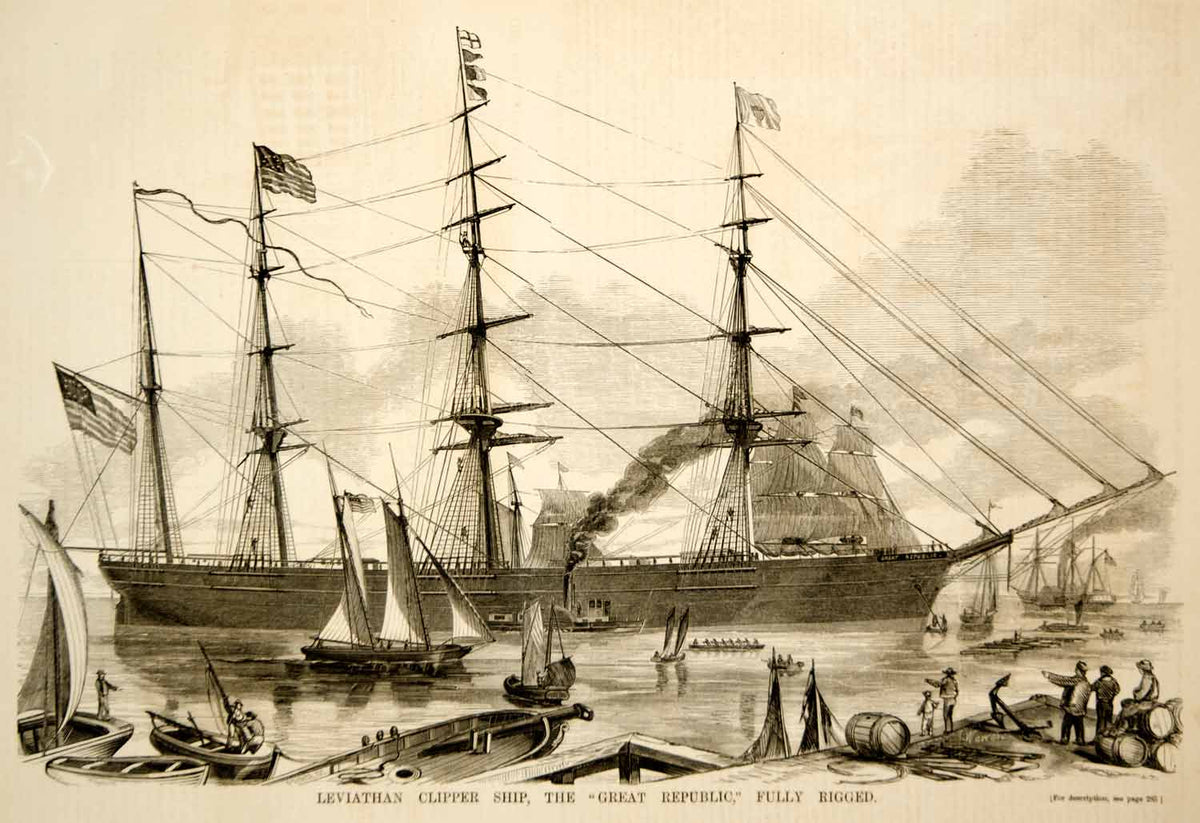 1853 Wood Engraving Clipper Ship Great Republic Donald McKay Sails Mas ...