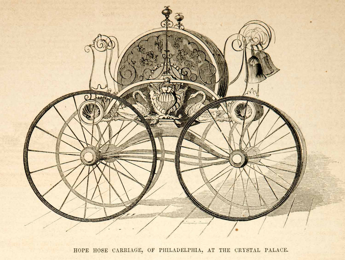 1854 Engraving Hope Fire Hose Carriage Antique Firefighting Equipment ...