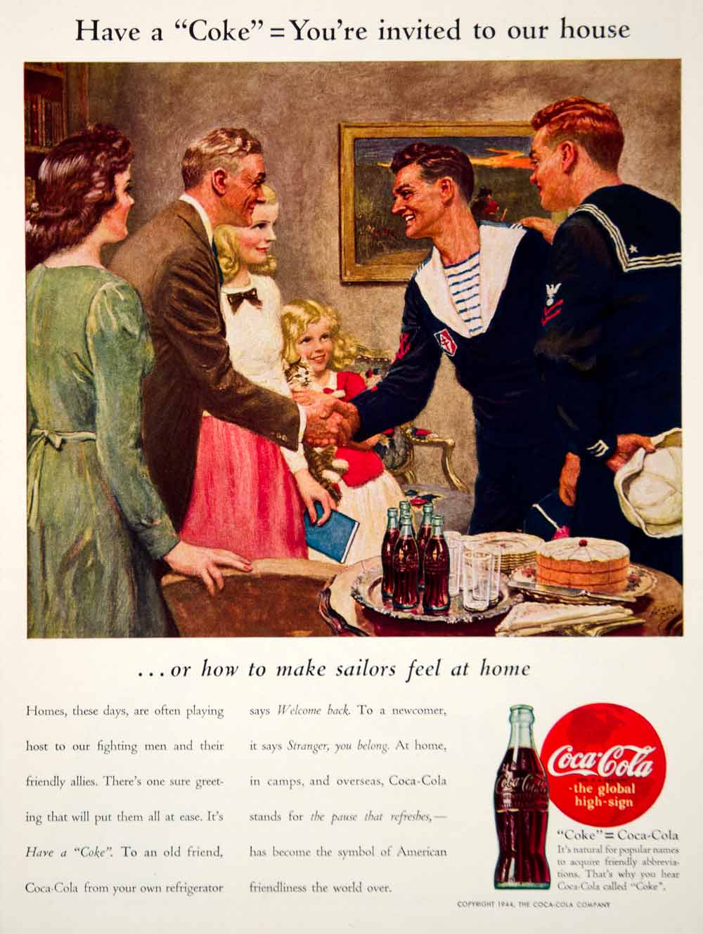 1944 Ad Vintage Coca-Cola Coke World War II Sailors Uniform Norman Pri ...