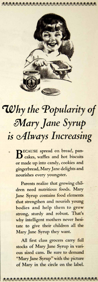 1928 Ad Mary Jane Syrup Child Kid Girl Breakfast Pancake Toast Food Bi ...