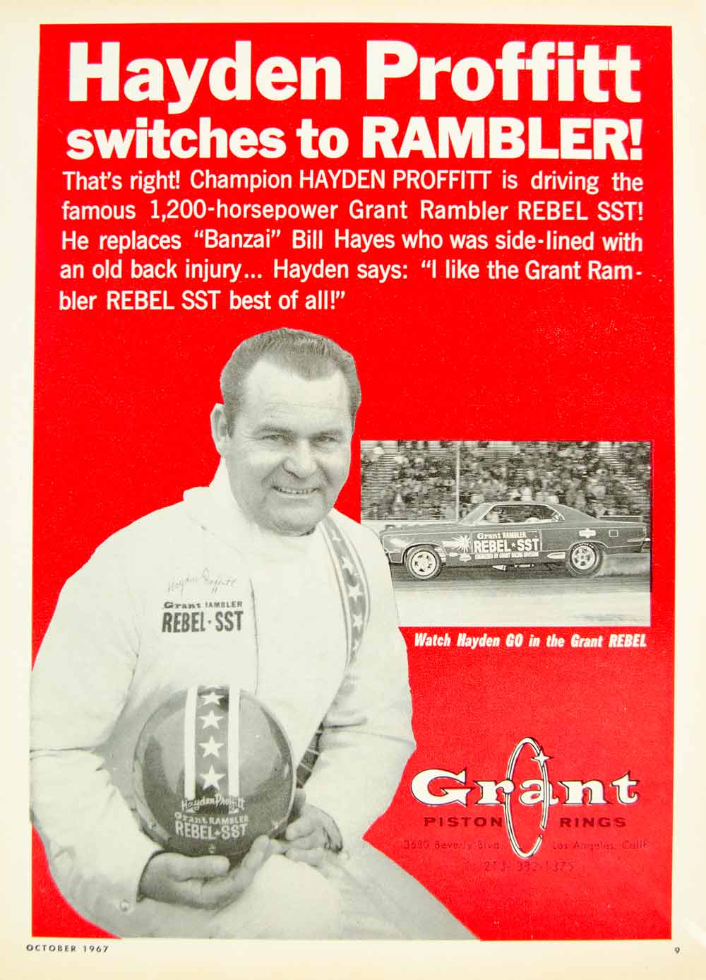 1967 Ad Grant Piston Rings Rambler Rebel SST Hayden Proffitt Drag Race ...