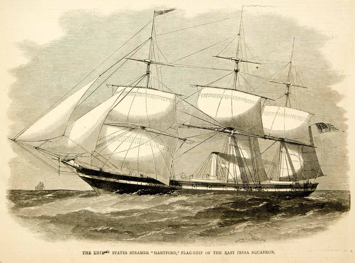 1865 Wood Engraving Steamship Hartford Flagship India Squadron Sailing ...