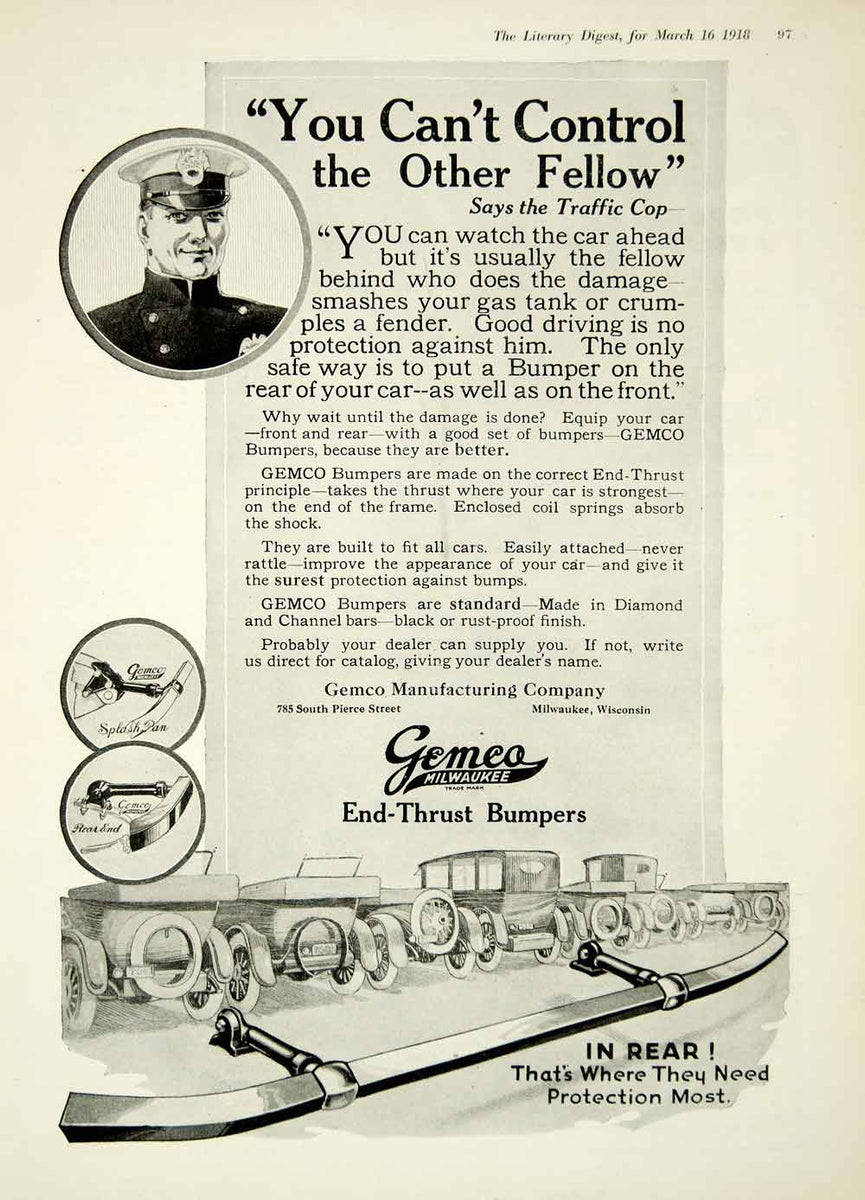 1918 Ad End Thrust Bumpers Gemco Manufacturing Company Milwaukee Wisco ...