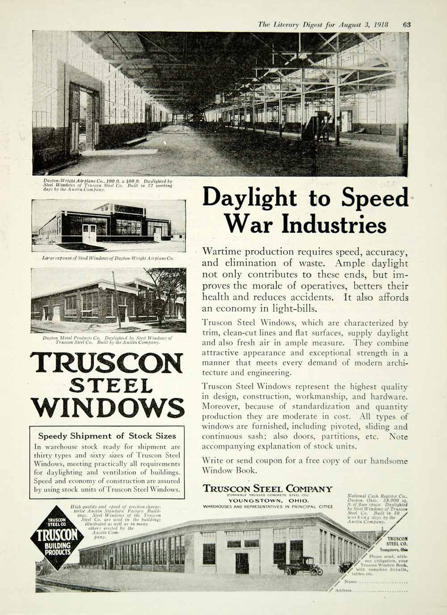 1918 Ad Steel Windows Truscon Company Youngstown Ohio Warehouse WWI YL ...