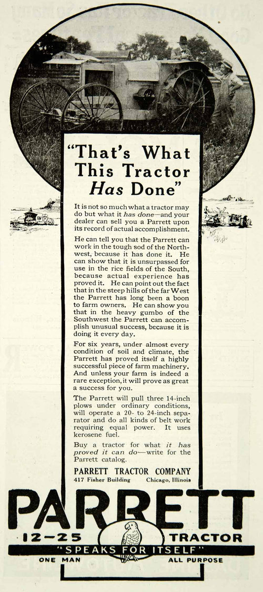 1918 Ad Parrett Tractor Company Farming Farm Equipment Chicago Agricul ...