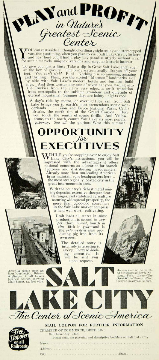 1929 Ad Vintage Salt Lake City Utah Travel Tourism Business Chamber of ...