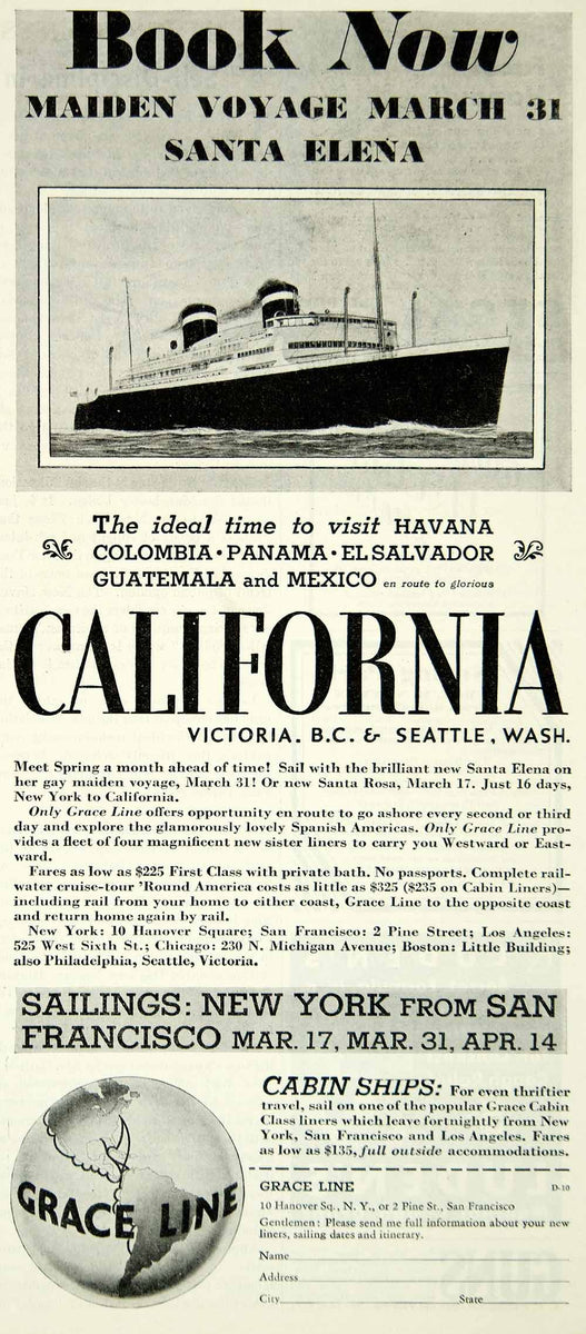 1933 Ad California Grace Line Cabin Ship Cruise Steamboat Santa Elena ...