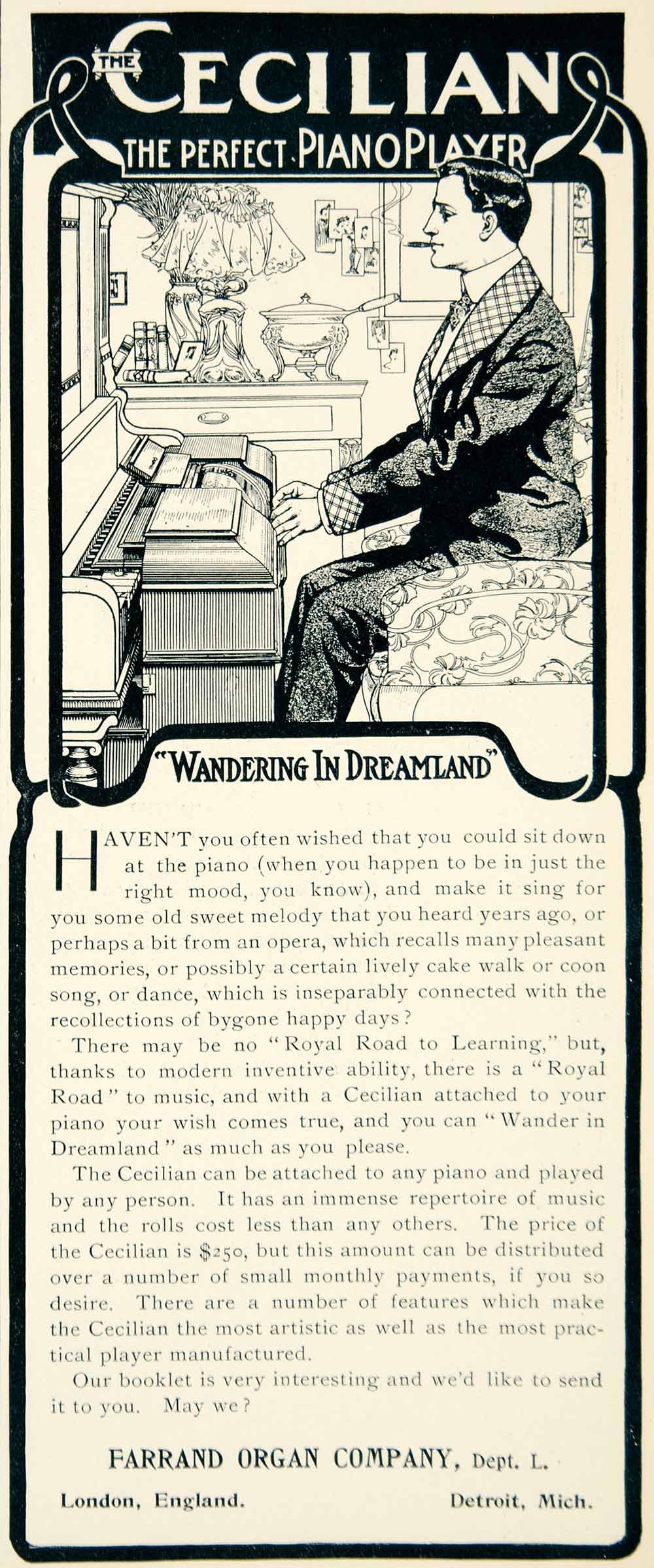 1904 Ad Farrand Organ Cecilian Piano Player Musical Instruments Art No ...