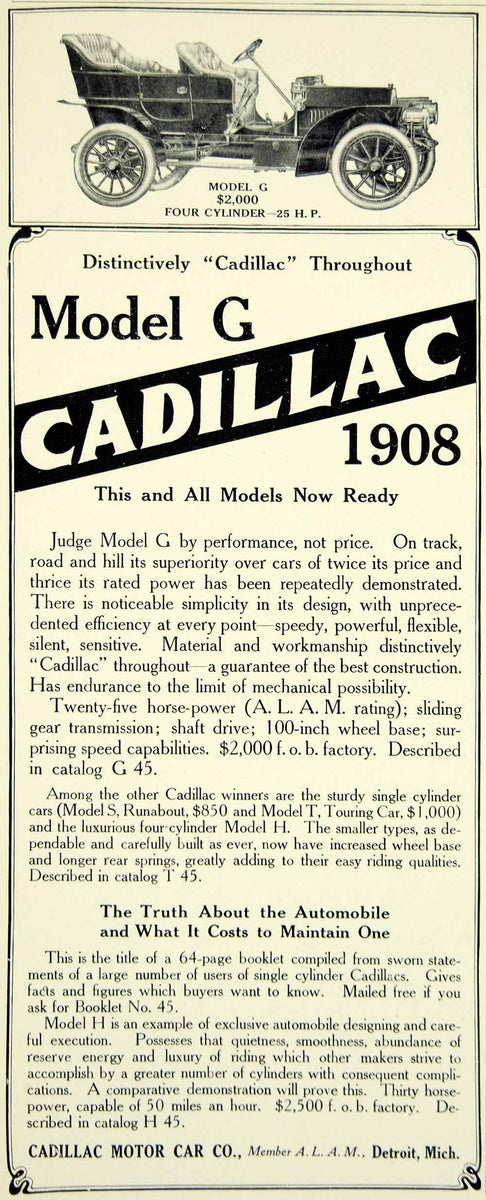 1907 Ad Vintage 1908 Cadillac Model G Touring Car 4 Cylinder Antique Y ...
