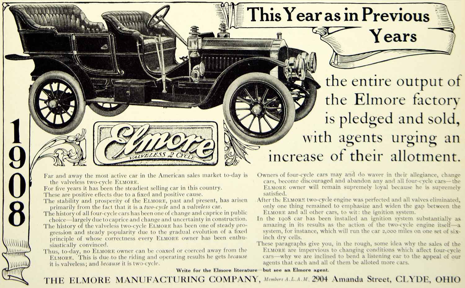1908 Ad Vintage Elmore Valveless 2 Cycle Antique Automobile Touring Ca ...