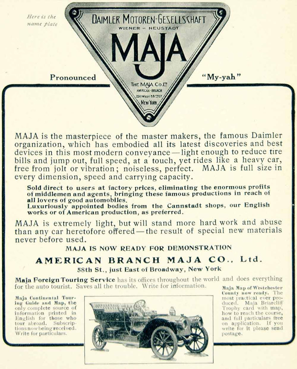1908 Ad Vintage Maja Automobile Car Daimler Stuttgart German Name Plat ...