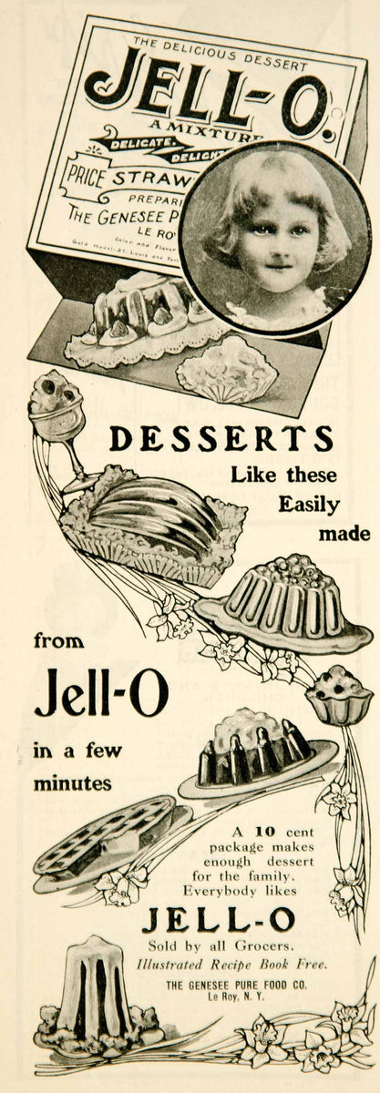 1908 Ad Genesee Pure Food Jell-O Gelatin Strawberry Dessert Children Y ...