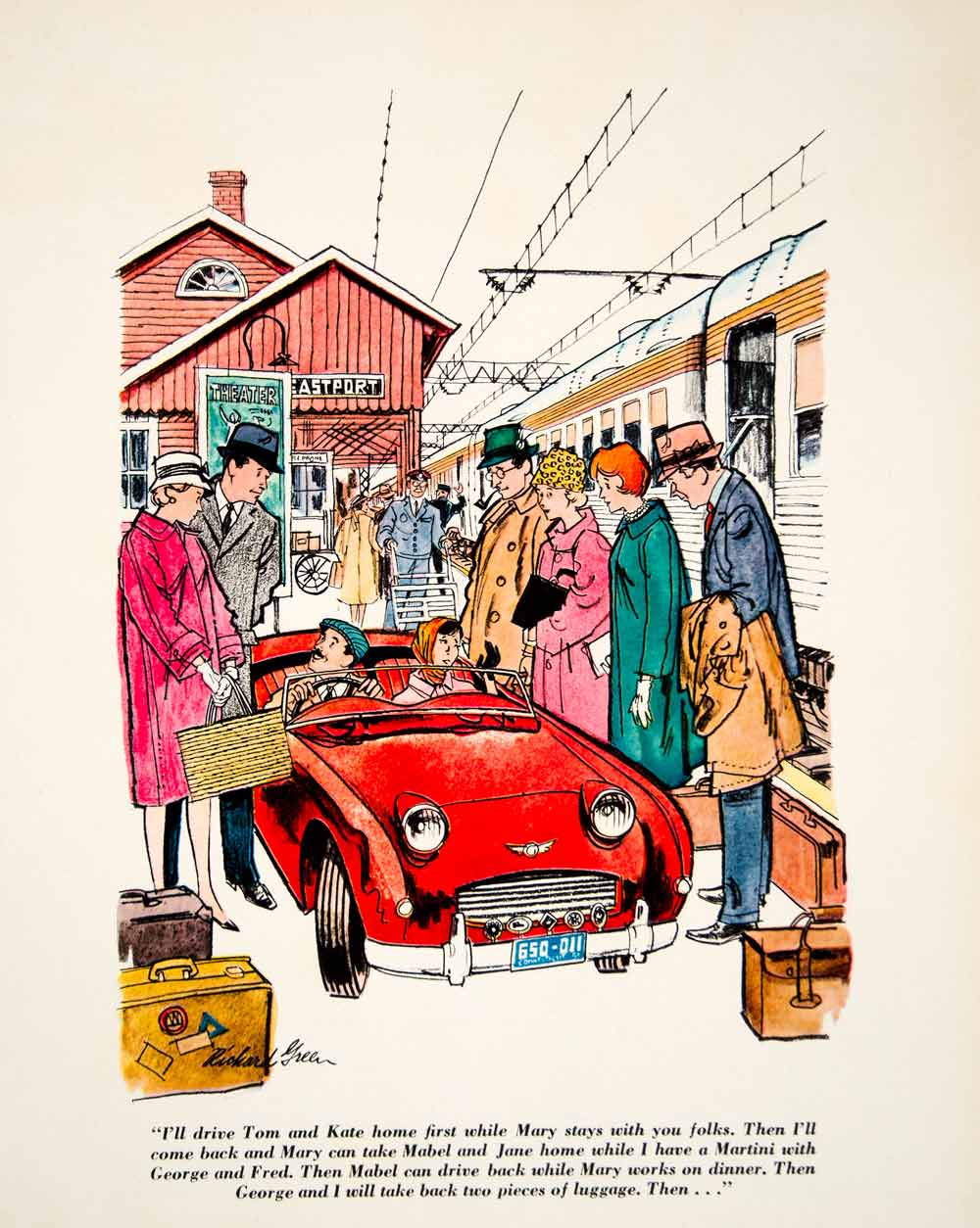 1961 Color Print Richard Green Esquire Cartoon Sports Car Train Commut ...