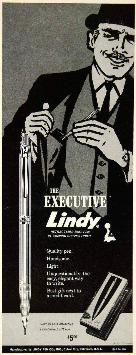 1962 Ad Vintage Executive Lindy Retractable Ball Point Pen Chrome Culv ...